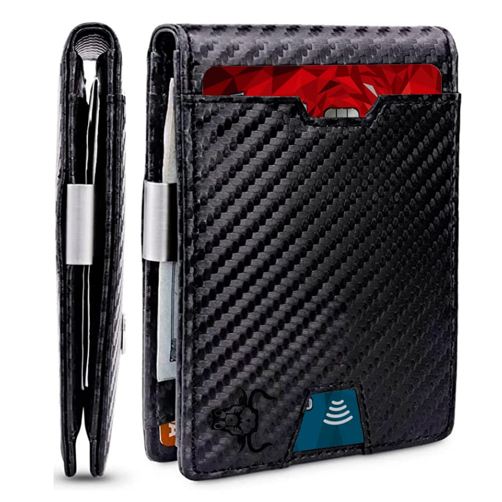 BULLMIND Wallet For Men Slim Minimalist Carbon Fiber Bifold Larger Capacity RFID Blocking With 11 Slots Credit Cards Holder with Money Clip and Box