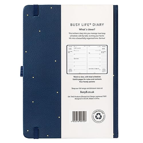 Busy B Busy Life Diary January to December 2024 - A5 Navy - Faux Leather Week to View Planner with Dual Schedules, Pen Holder and Pockets