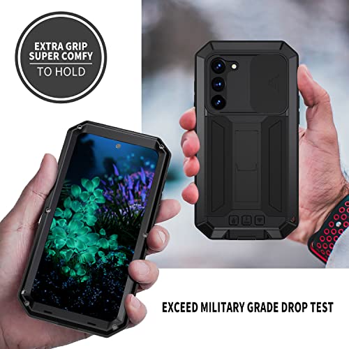 for Samsung Galaxy S23 Plus 5G/S23+ 5G Case,Shockproof Hard Case Aluminum Metal Gorilla Glass Military Heavy Duty Sturdy Protector Cover for Galaxy S23 Plus 5G,with Lens Protection Cover (Black)
