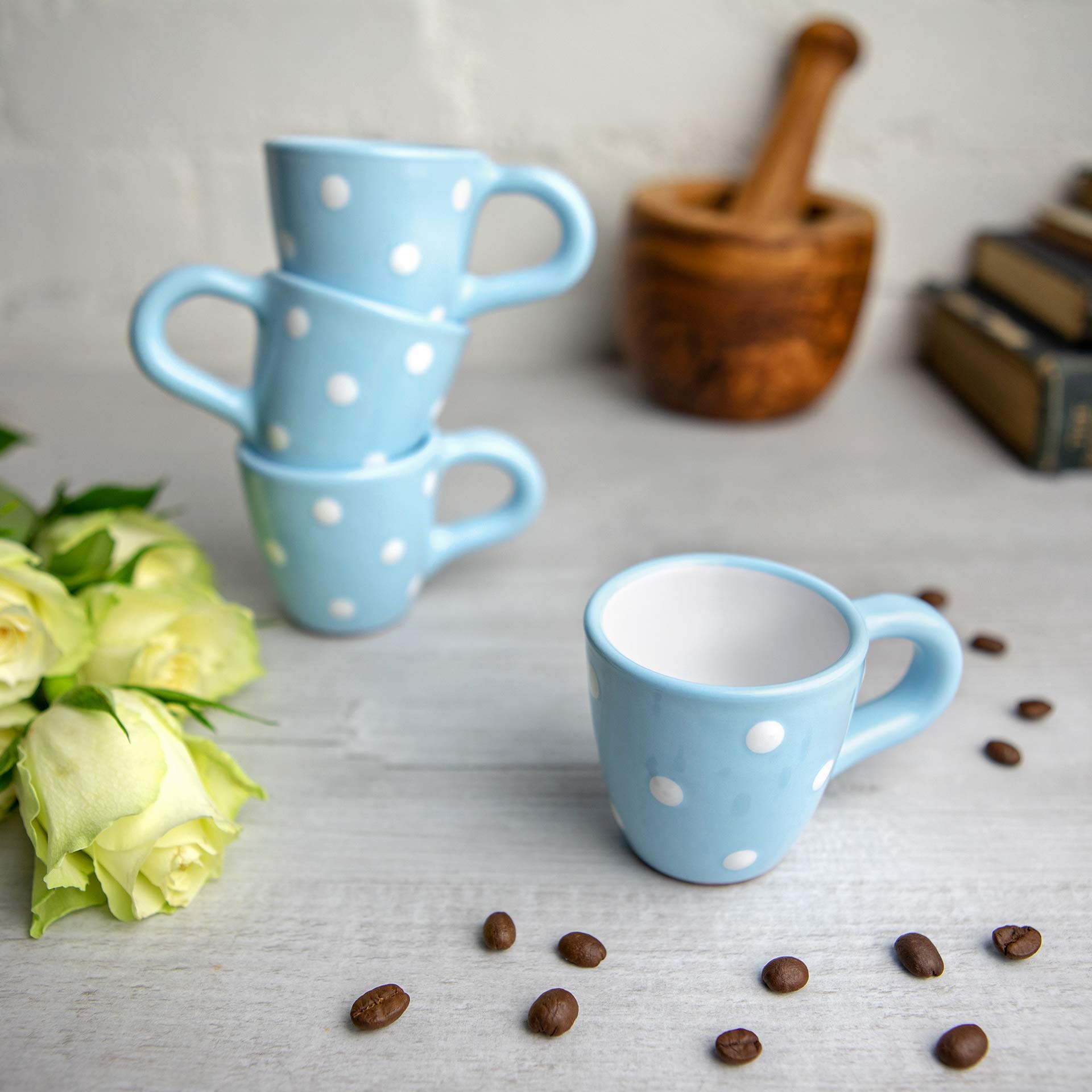 City to Cottage Handmade Light Sky Blue and White Polka Dot Ceramic 2oz/60ml | Espresso Cup Set of 4, Unique Designer Pottery for Coffee Lovers