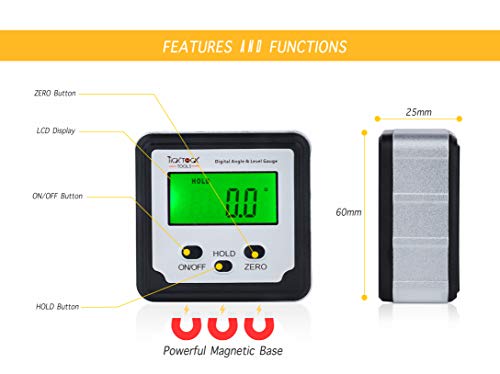 Digital Angle Finder by TickTockTools - Magnetic Mini Level and Bevel Gauge - Woodworking with Table or Miter Saw - Inclinometer - Precise Measurement Tool with LCD and Backlight - 180 Degree Rotation
