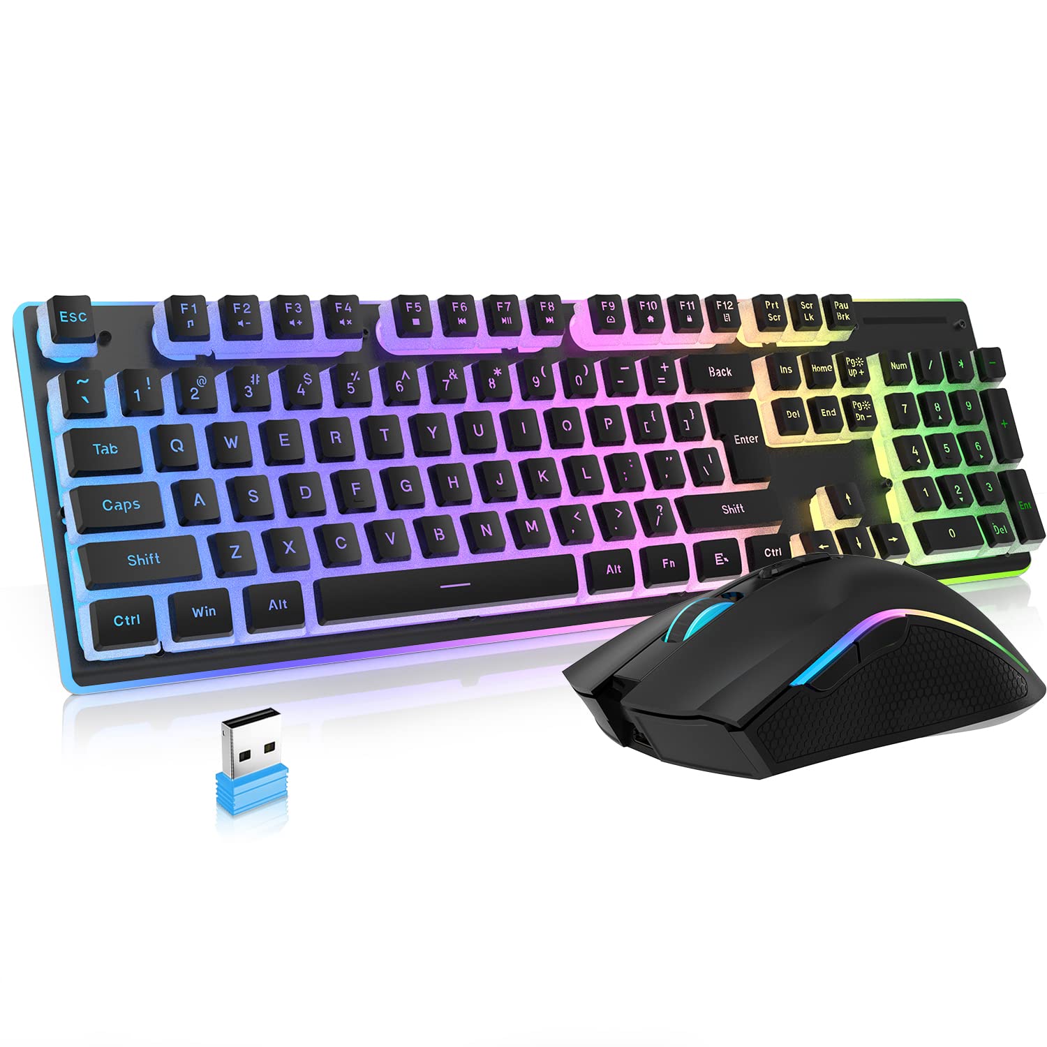 FELICON L96 Wireless Keyboard Mouse Combo, 3650mAh Rechargeable RGB Full Size Keyboard with Pudding Keycaps, Ergonomic Mechanical Feel 4800 DPi Rainbow Led Mute Mouse 2.4G USB for PC/Mac(Black)