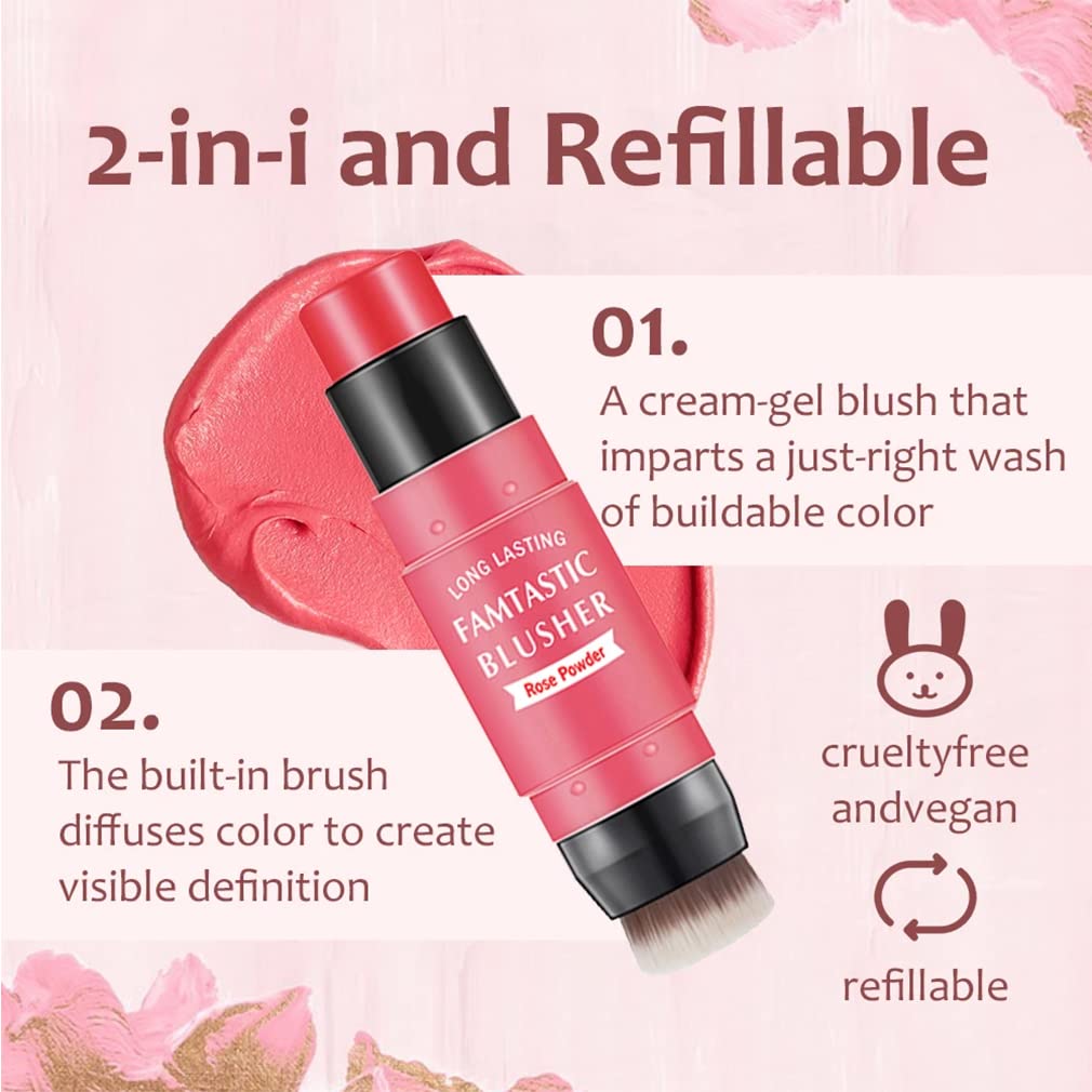 Cream Blush Stick double head Blush Sticks 2 in 1 Multi Stick Blush for Cream Blush for Cheeks, Pink Blush for Cheeks and Lip,Cheek Makeup Stick for All Ages and All Skin Tone.(2# Rose Pink)