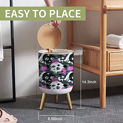 Small Trash Can with Lid Skull funky seamless rough grunge modern design Hipster trendy painted Round Garbage Can Press Cover Wastebasket Wood Waste Bin for Bathroom Kitchen Office 7L/1.8 Gallon