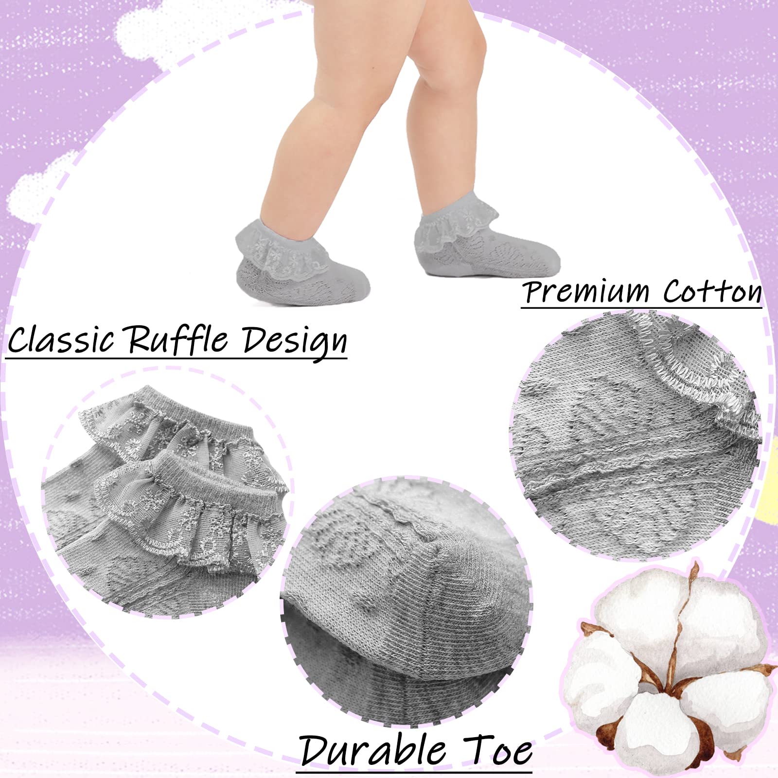 hakugoo Baby Girl Lace Socks Eyelet Ruffle Socks 6 Pairs Pack Princess Dress Socks Infant Toddler, White Ivory Pink Purple Green Grey,6-12 Months