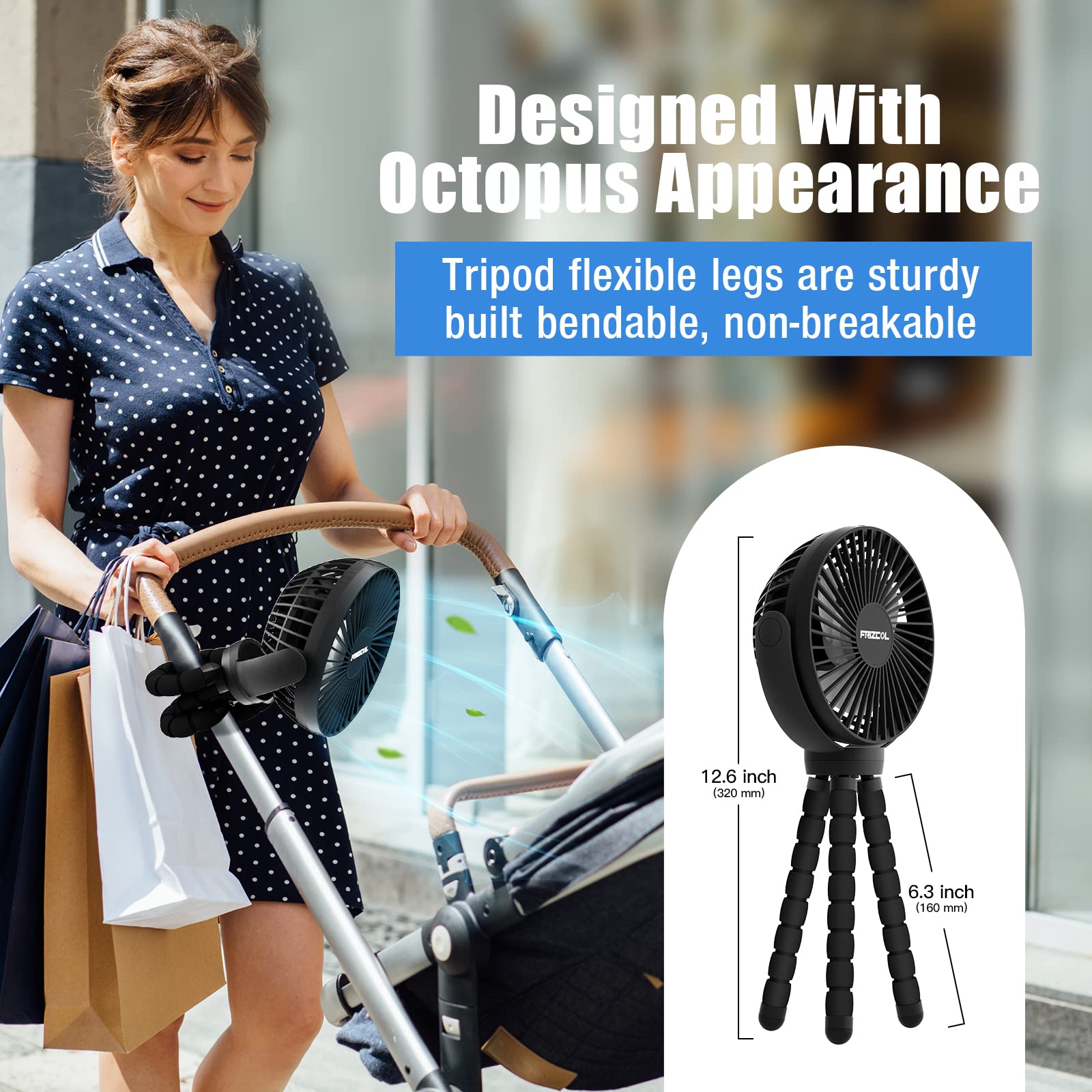 Portable Stroller Fan 65 Working Hours, Small Fan with LED Lights, 12000 Capacity Battery Operated Fan with Tripod Legs, Rechargeable USB Fan, Peloton Fan for Treadmill, Camping, Travel, Bed(Black)