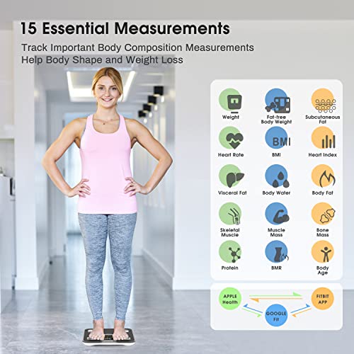 FIRINER Bluetooth Body Fat Scale with Large Display Digital Smart Scale for Body Weight and Fat BMI Heart Rate Composition 15 Body Composition Analyzer Sync with Fitness App