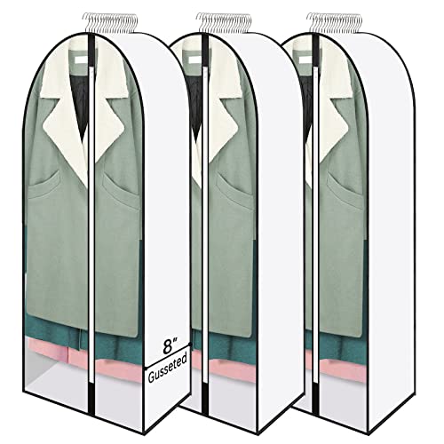 fitermoe 60" Garment Bags For Hanging Clothes, 8" Gusseted Garment Bags For Travel, Clear Suit Bags For Closet Storage Overcoat, Long Dress, Gowns, 3-Pack