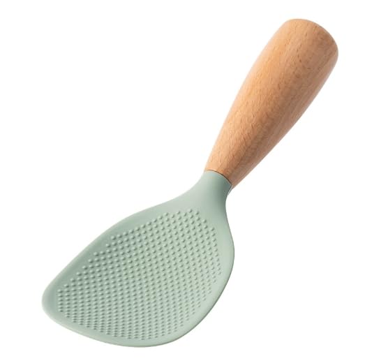 COAYHEL 2 Pcs Silicone Rice Paddle with Wood Handle, Non Stick Standing Rice Spoon Scooper Spatula,Heat Resistant Rice Cooker Spoon (Green), LXH-RSX01
