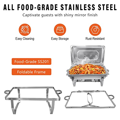 JSTUOKE Chafing Dish Buffet Set, 8QT 2 Pack, Stainless Steel Chafer, Rectangle Catering Warmer Server w/Lid Water Pan Folding Stand Fuel Tray Holder Spoon Clip, Each Serves 8 People Minimum