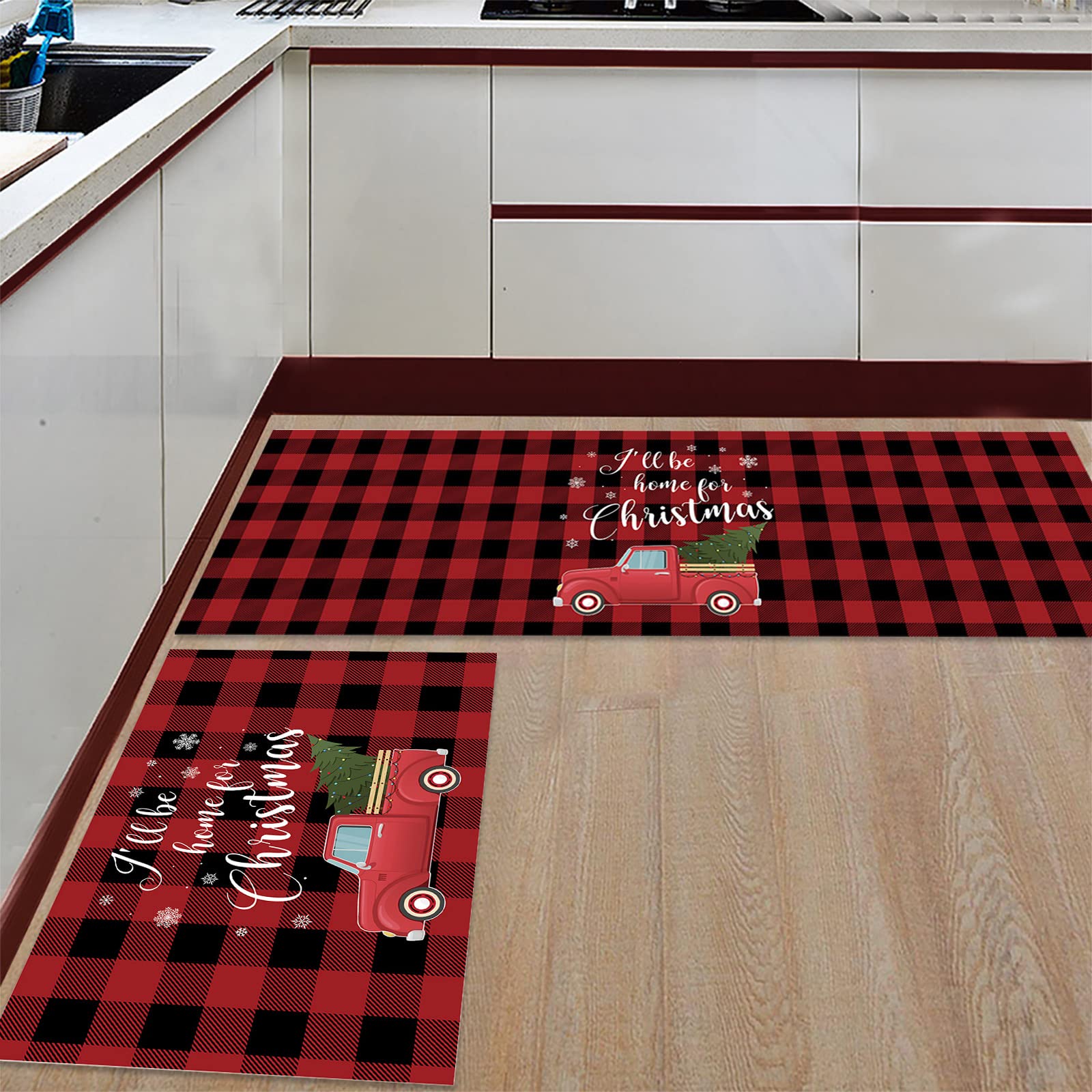 Christmas Kitchen Rugs and Mats Set of 2 I'll Be Home for Christmas Red and Black Buffalo Plaid Anti Fatigue Floor Mat Area Runner Rug for Kitchen Sink Living Room Bedroom 16"x24"+16"x47"