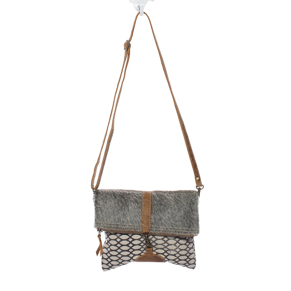 Myra Bag Foldover Cowhide & Upcycled Canvas Crossbody Bag S-1154, Brown, One Size