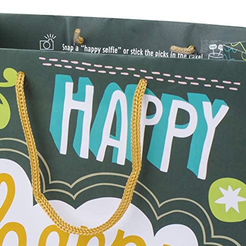 Hallmark 9" Medium Birthday Gift Bag with Tissue Paper and Mini Signs (Happy Happy Birthday, Green, Grey, Blue Hand lettering)
