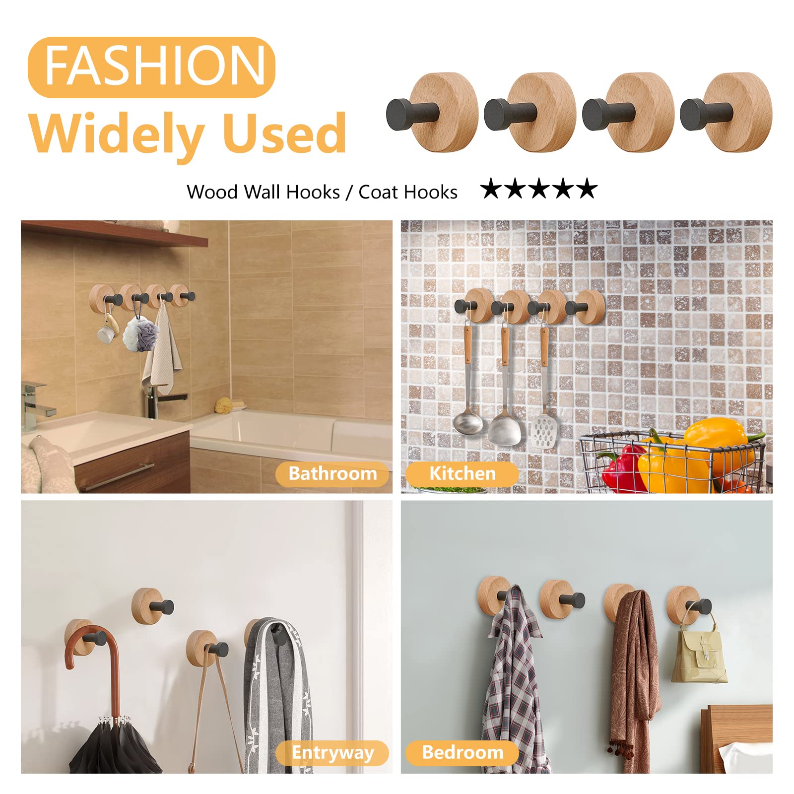 Funnytek Adhesive Wood Coat Hooks - 4 Pack Beech Wood Wall Hooks Natural Rustproof Coat Rack Adhesive Hooks for Wall, Towel Hooks for Hanging Coats, Hats, Bags, Keys (Style C)
