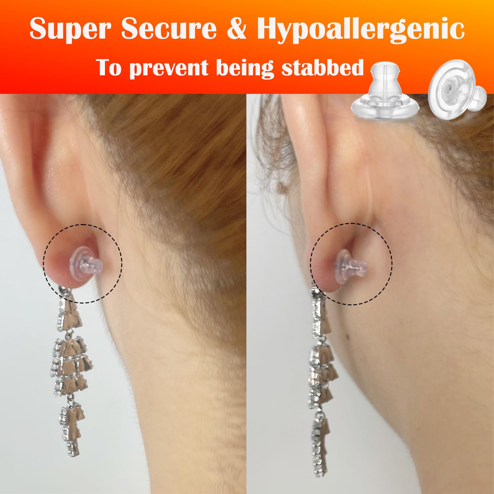 Earring Backs, Silver Silicone Locking Secure Earring Backs for Studs, Hypoallergenice Silicone Earring Backs Replacements for Studs/Droopy Ears, No-Irritate Earring Backs for Adults (Silver)