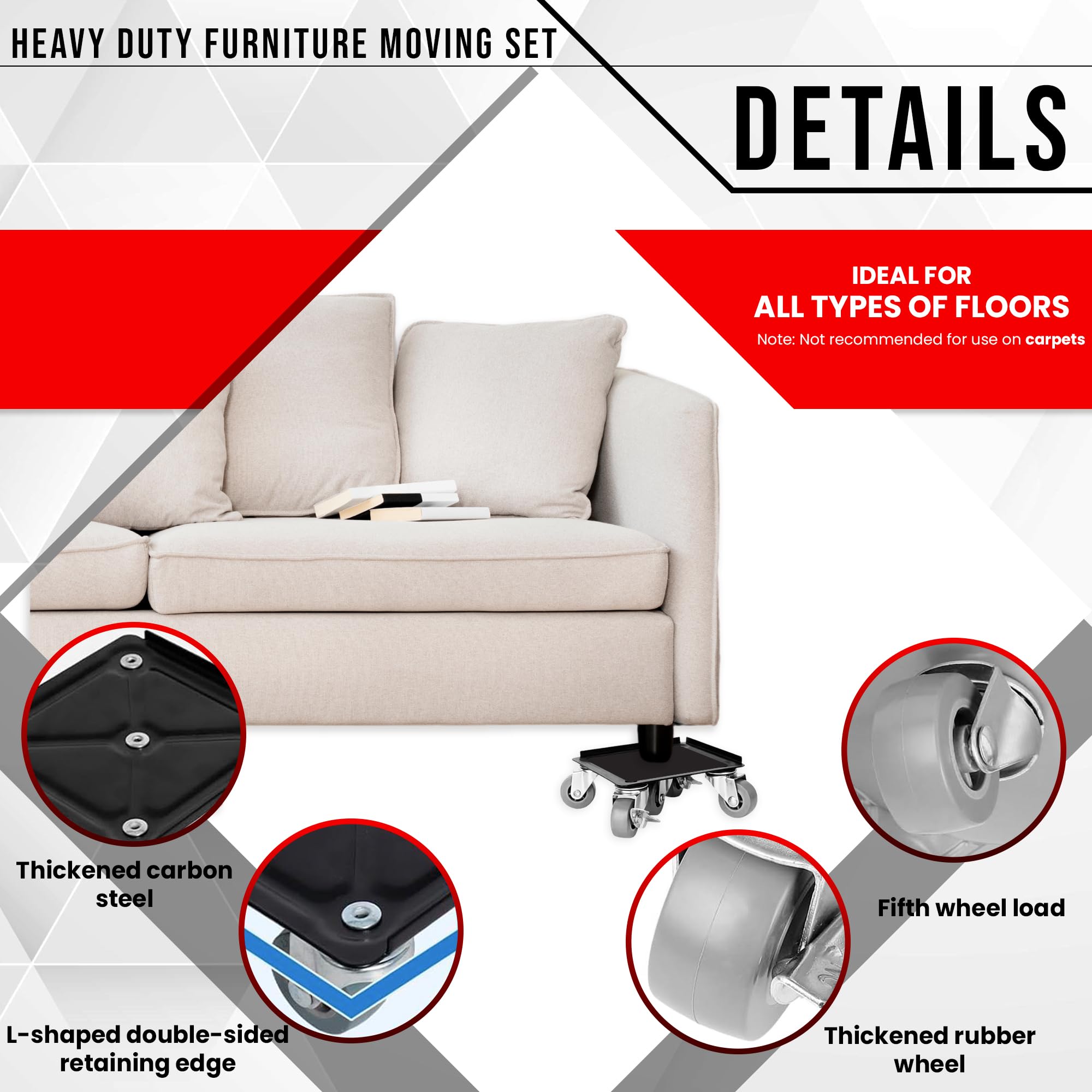 Heavy Duty Furniture Lifter, 4 Sets of Sliders with 4 Wheels Each for Easy Moving, Load Capacity up to 3500lbs, Appliance Moving Cart with Height Adjustable