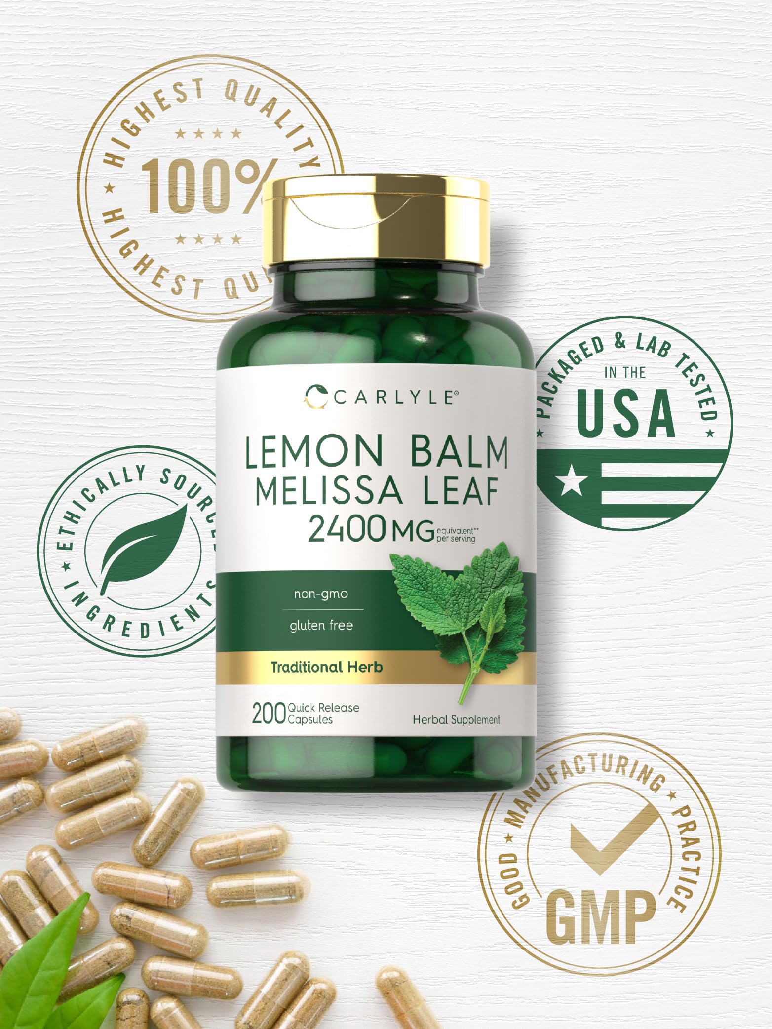 Carlyle Melissa Lemon Balm | 200 Capsules | Non-GMO and Gluten Free Formula | Melissa Leaf Traditional Herbal Supplement | Super Concentrated Extract