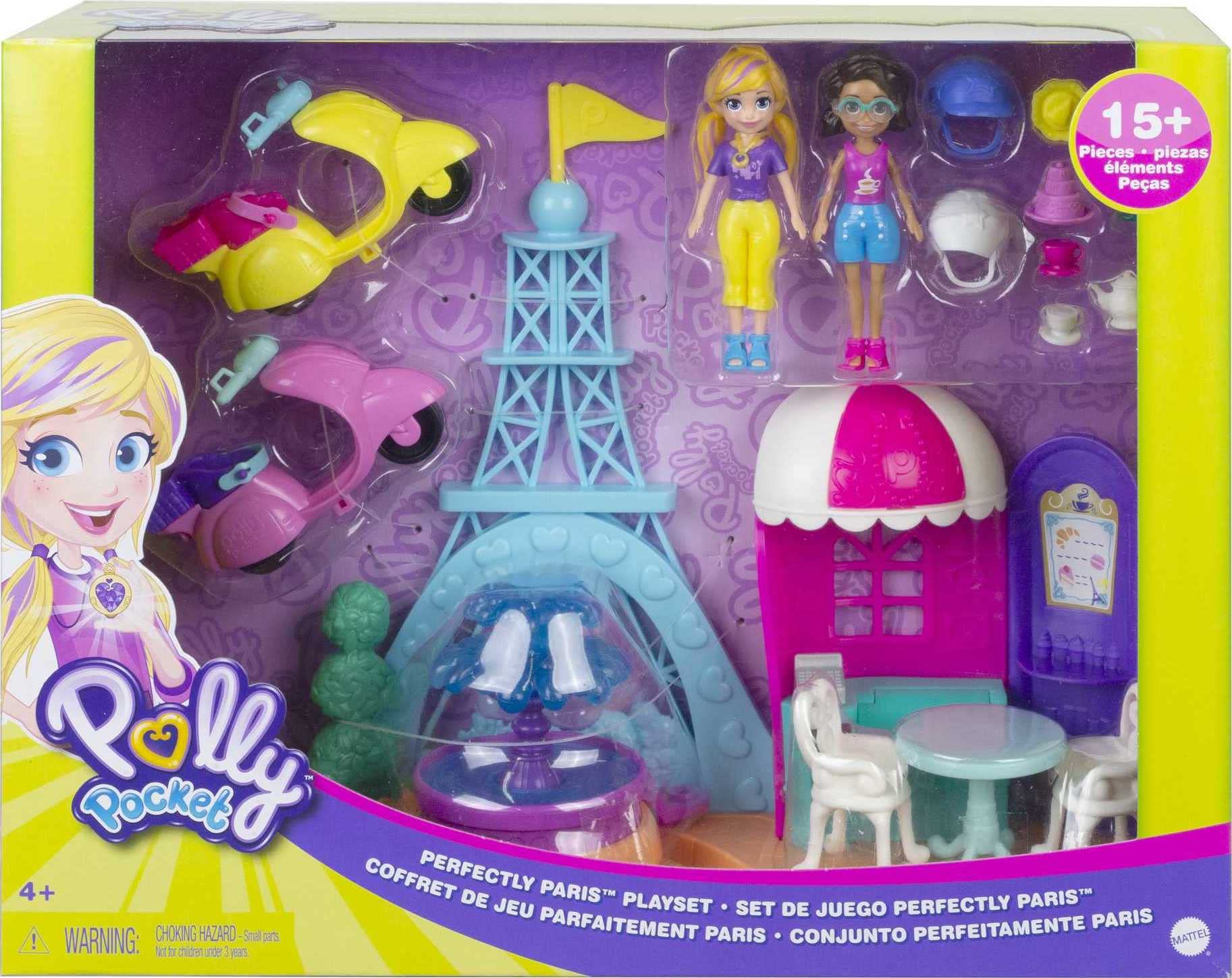 Polly Pocket Perfectly Paris Playset with 3-in Polly and Shani Dolls, 2 Scooters, 2 Helmets, Eiffel Tower, Fountain, Cafe, Table & 2 Chairs; For Ages 4 Years Old & Up [Amazon Exclusive]