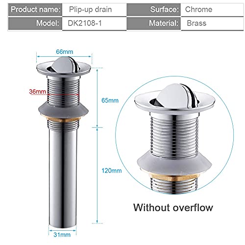 LMMDDP Flip Up Drain Stylish Swivel Style Stopper, Lavatory Vessel Sink Drains Size 36mm without Overflow Copper Finished (Size : Without Overflow)