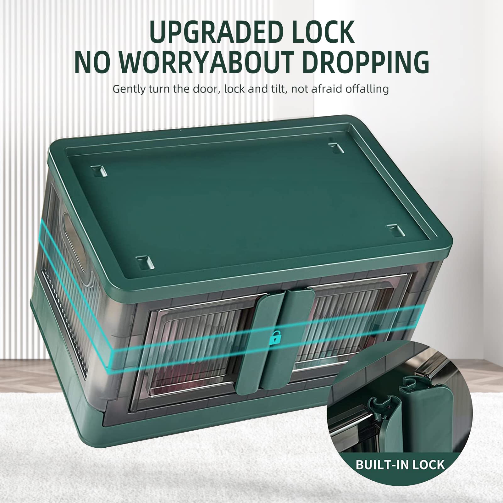 COMVTUPY Storage Bins with Lids - Dual Open Collapsible Storage Bins, Clear Plastic Wardrobe Closet Organizer, 8.4Gal Foldable Stackable Storage Bins, Crate for Book Snack Storage, Green