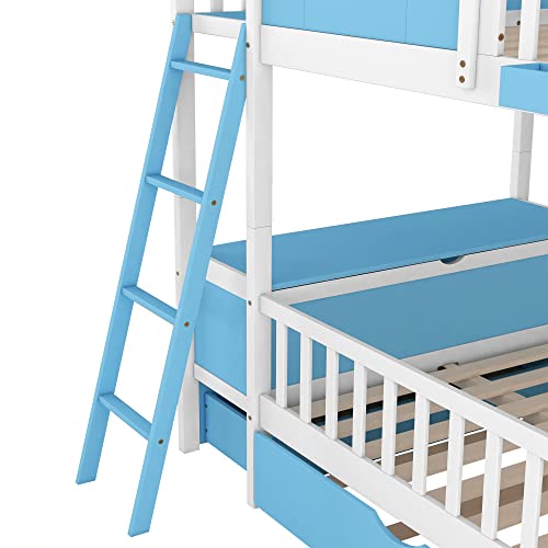 Lepfun Bunk Bed,Full Over Full Size Bunk Bed with Twin Size Trundle Bed, Farmhouse Bed with Storage Box and A Big Drawer for Kidroom,Bedroom and Dorm,Noise Free,No Box Spring Needed,Blue