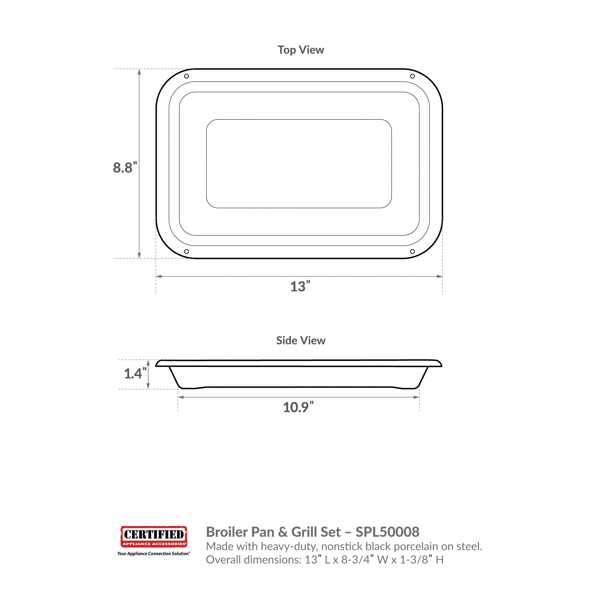 Certified Appliance Accessories Heavy-Duty Porcelain 8.5-In. x 12.75-In. Broiler Pan & Grill Set Black (50008)