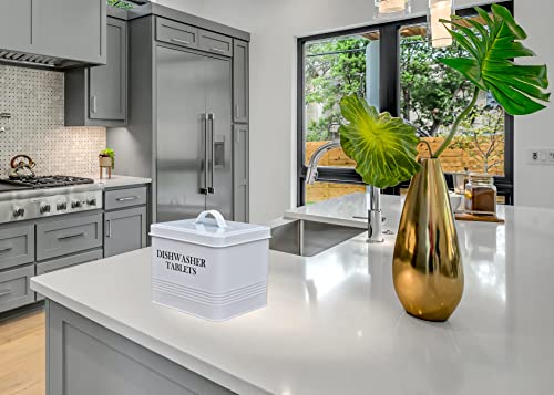 Metal Dishwasher Detergent Pods Containers -White Dish Washer Tablets with Lid for Kitchen Decor and Accessories