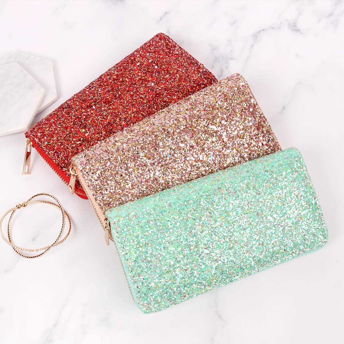 MYS Collection RIAH FASHION Rainbow Glitter Zip Around Wallet - Sparkly Confetti Single Zipper Clutch Purse with Card Slots (Rainbow - Red)