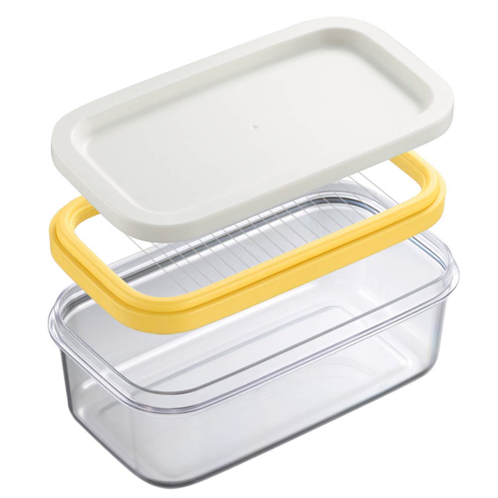 Butter Dish with Lid Rectangle Butter Keeper with Cutter Slicer for Easy Cutting and Storage, Butter Box for Refrigerate Butter Container Butter Case(White + Yellow)