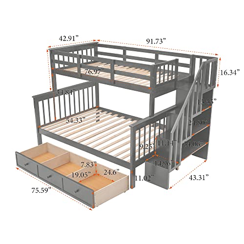 LZ LEISURE ZONE Twin Over Full Bunk Bed with Drawers, Solid Wood Bunk Bed Frame with Stairway, Storage & Guard Rail for Bedroom Dorm, Gray