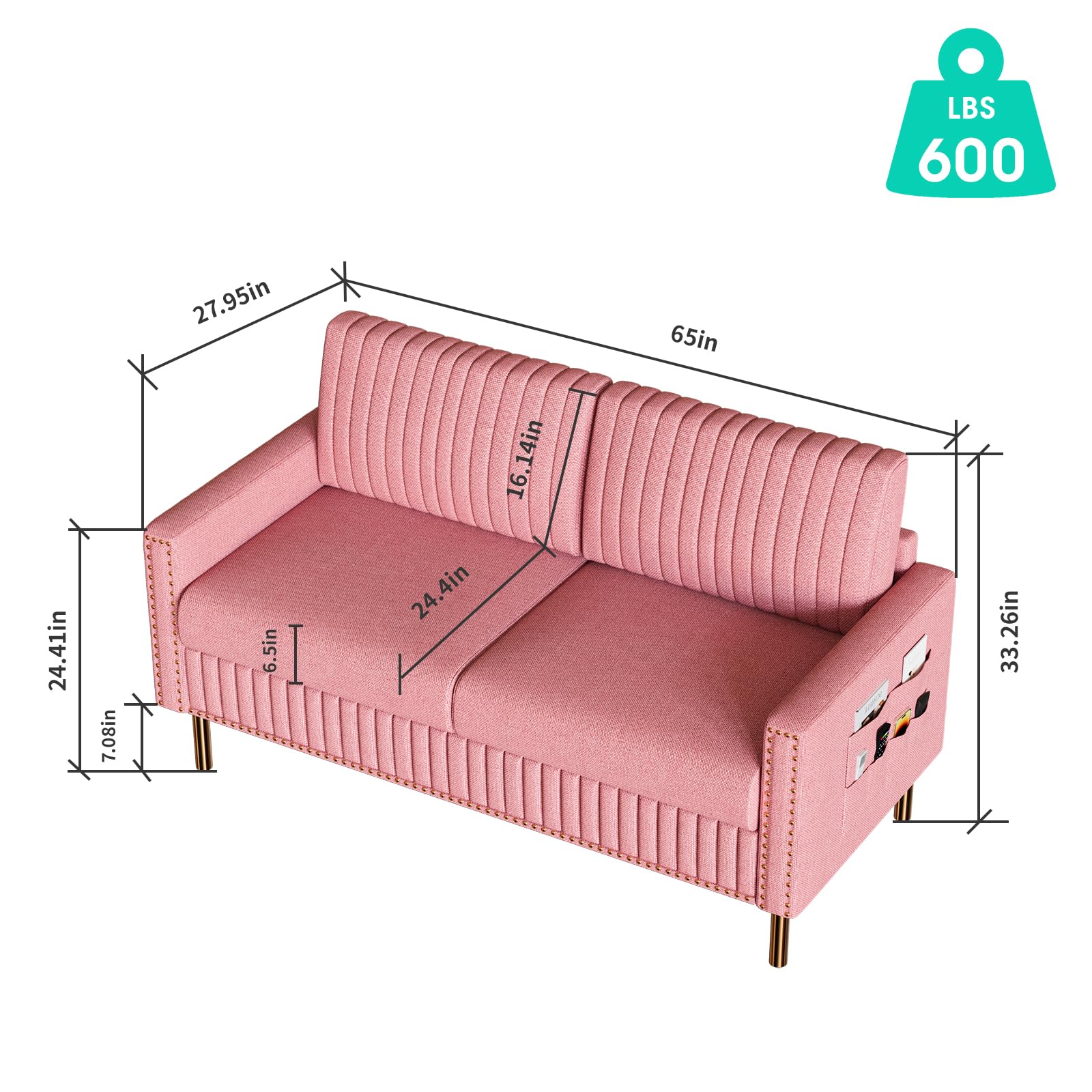 Fameill 65" Loveseat Sofa, Comfy Couch with Rivet Hemming, Mid Century Modern Couch with Deep Seat Soft Cushion, USB & Type-C Charging Port, Upholstered Small Couch for Bedroom, Living Room, Pink