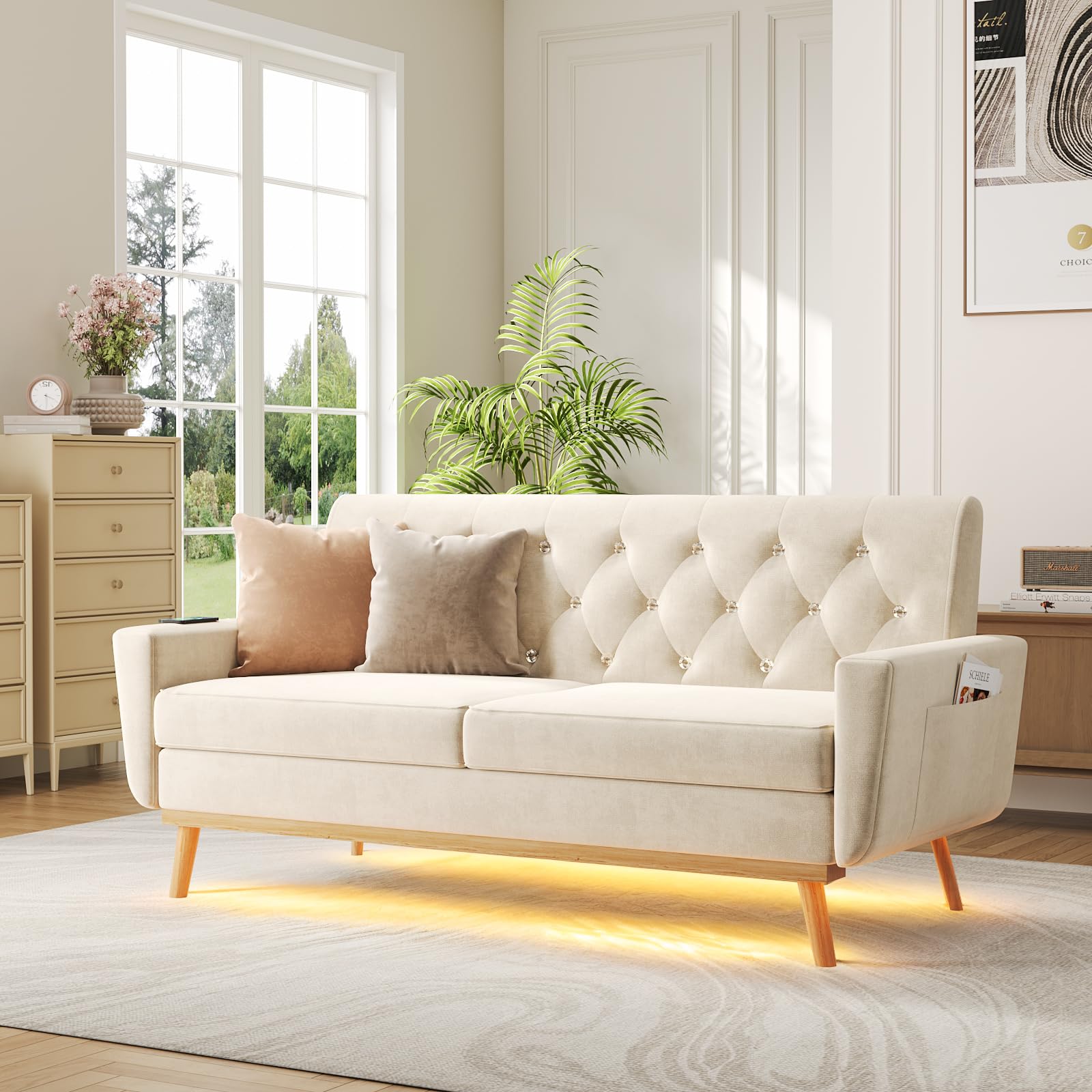 Fameill 65" Loveseat Sofa Couch, Mid Century Modern Love Seat Small Couch with Soft Cushion, LED Light, Crystal Button Tufted, Upholstered Comfy Small Couch for Living Room, Bedroom