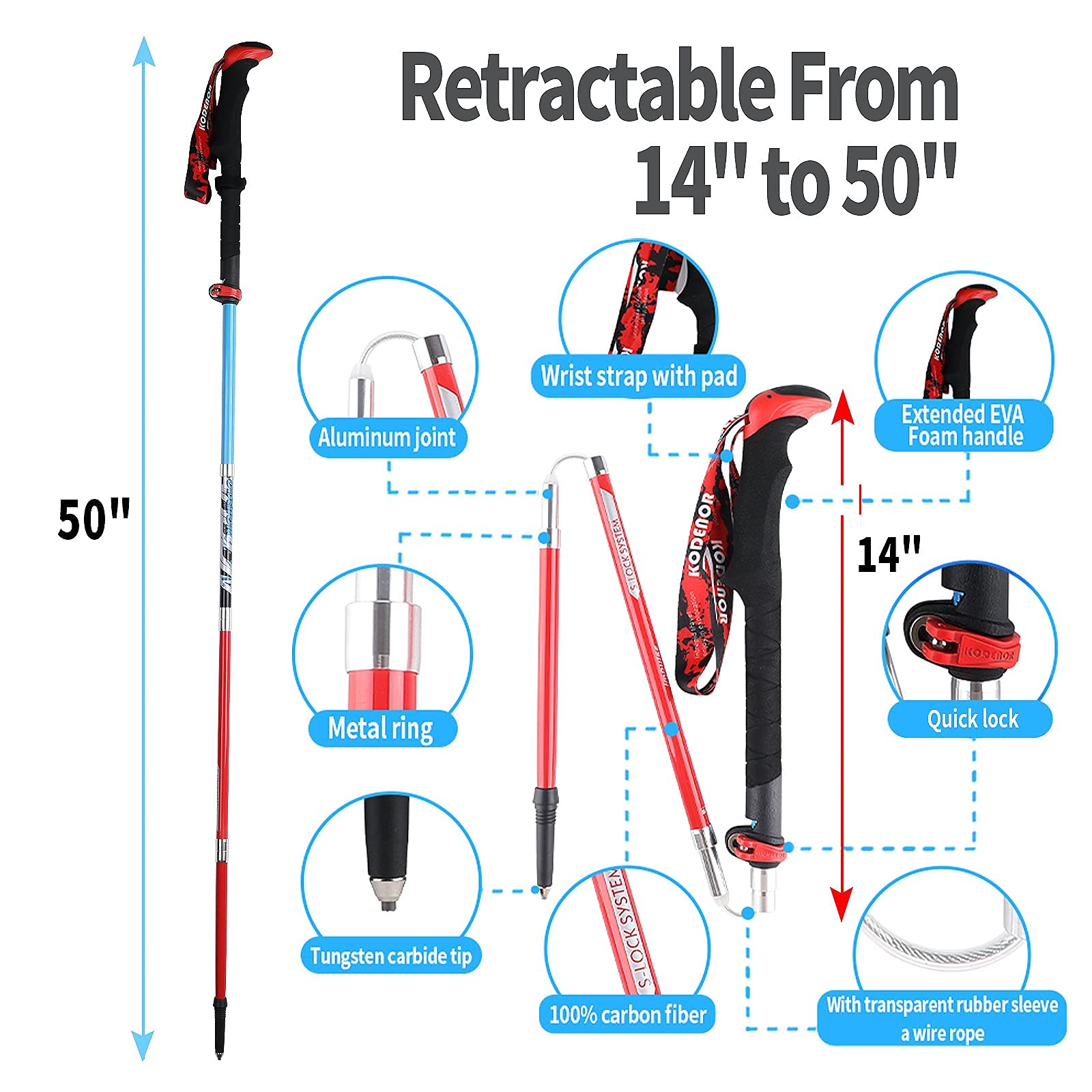 Carbon Fiber Trekking Poles -Ultralight,Collapsible and Telescopic, Hiking Poles with Quick Adjustable Locks for Hiking Camping Mountaining Backpacking Walking (2 Packs Red)