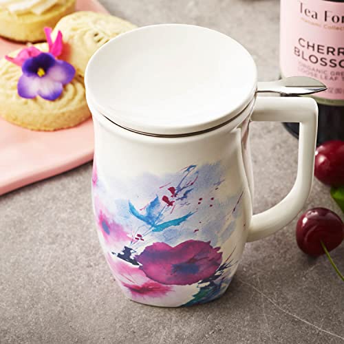 Tea Forte Fiore Ceramic Tea Mug with Infuser and Lid, Verbena Blossom, 14 oz. Ceramic Cup with Handle for Steeping Loose Leaf Teas, Dishwasher & Microwave Safe
