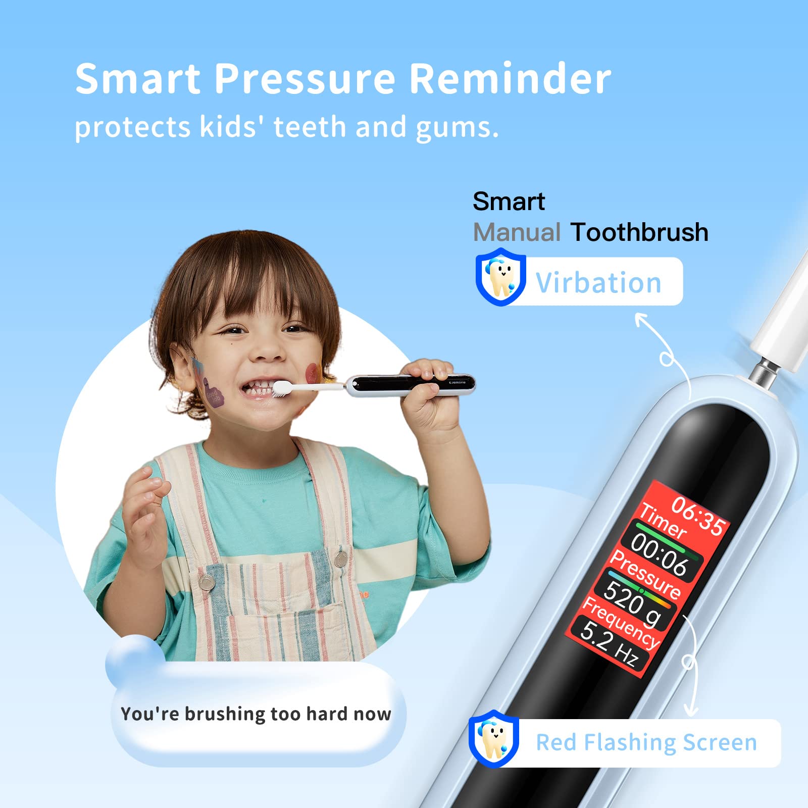 evowera Smart Manual Toothbrush for Kids, Uncleaned Area & Pressure Reminder, Coaching App, Color Display, WiFi Compatible, Soft Bristle, Timer, Message Function, BPA Free, Age 6-9, Blue Toothbrushes