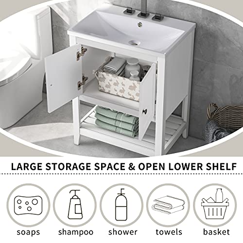 Merax 24 Inch Bathroom Vanity with Ceramic Sink Set Combo, Cabinet with Drawer and Doors, Solid Wood Frame with Painted Finish, Modern Style, White