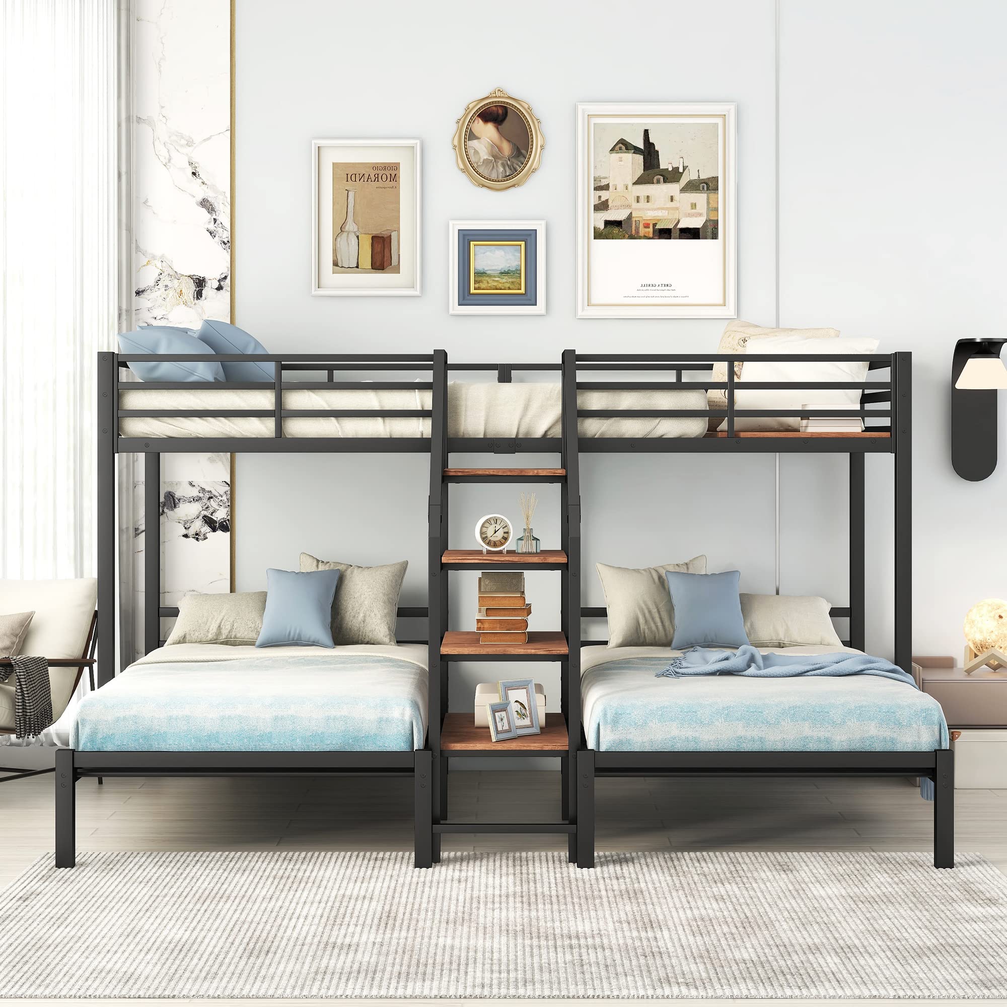 Polibi L-Shaped Twin Size Metal Triple Bunk Bed with Storage Shelves Staircase, Twin Over Twin & Twin Triple Bunk Beds, Black