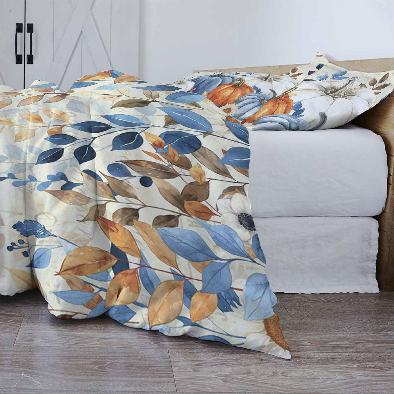 DecorLovee Fall Blue Pumpkins Duvet Cover Set 3 Pieces, Thanksgiving Orange Gray Botanical Rustic Bedding Sets 1 Duvet Cover & 2 Pillow Cases, Comforter Cover Set Duvet Cover California King