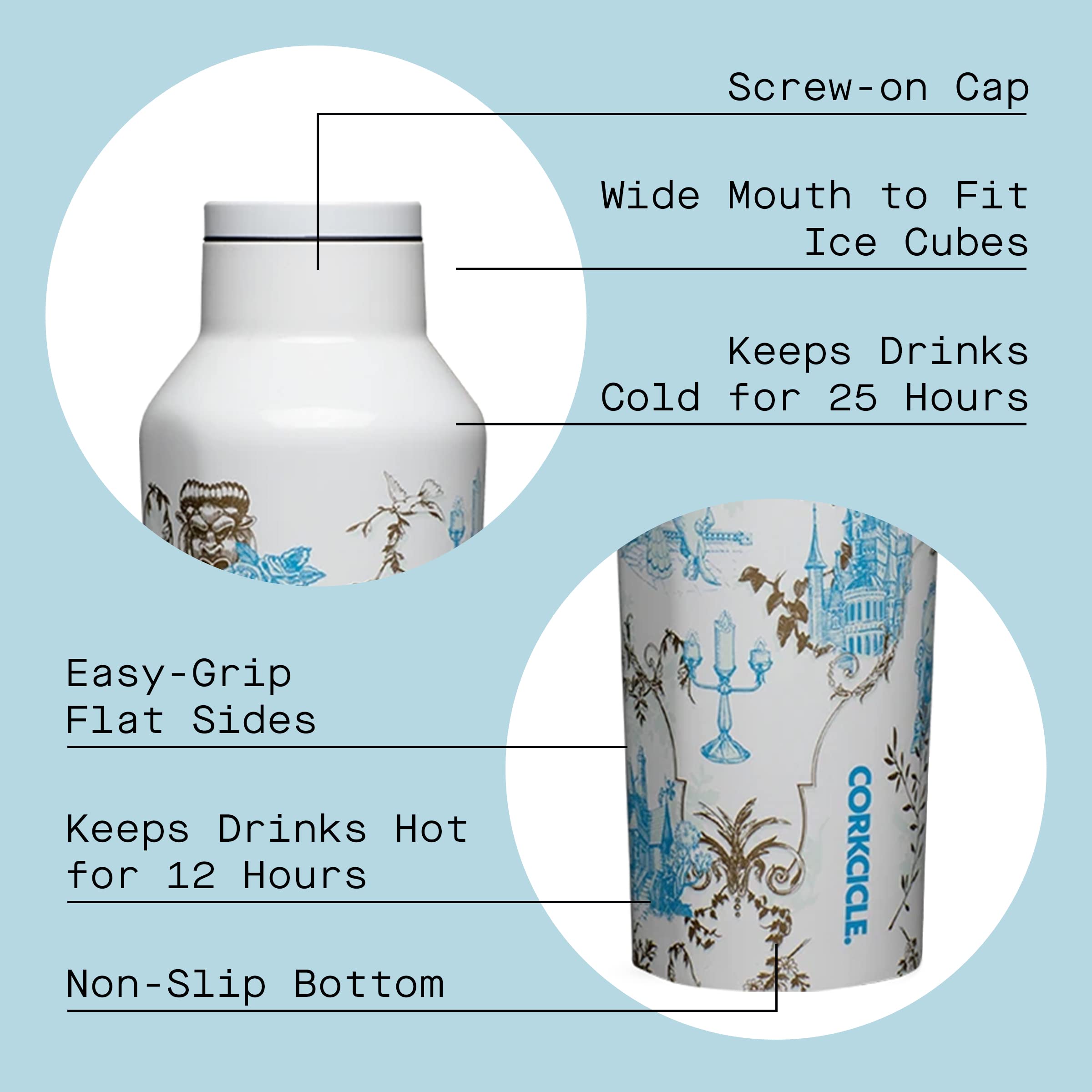 Corkcicle Disney Princess Belle Insulated Canteen Travel Water Bottle, Triple Insulated Stainless Steel, Keeps Beverages Cold for 25 Hours or Warm for 12 Hours, 20oz