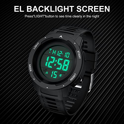 GOLDEN HOUR Mens Waterproof Digital Sport Watches Wide Screen Easy Read Display Military Style with Black Rubber Strap