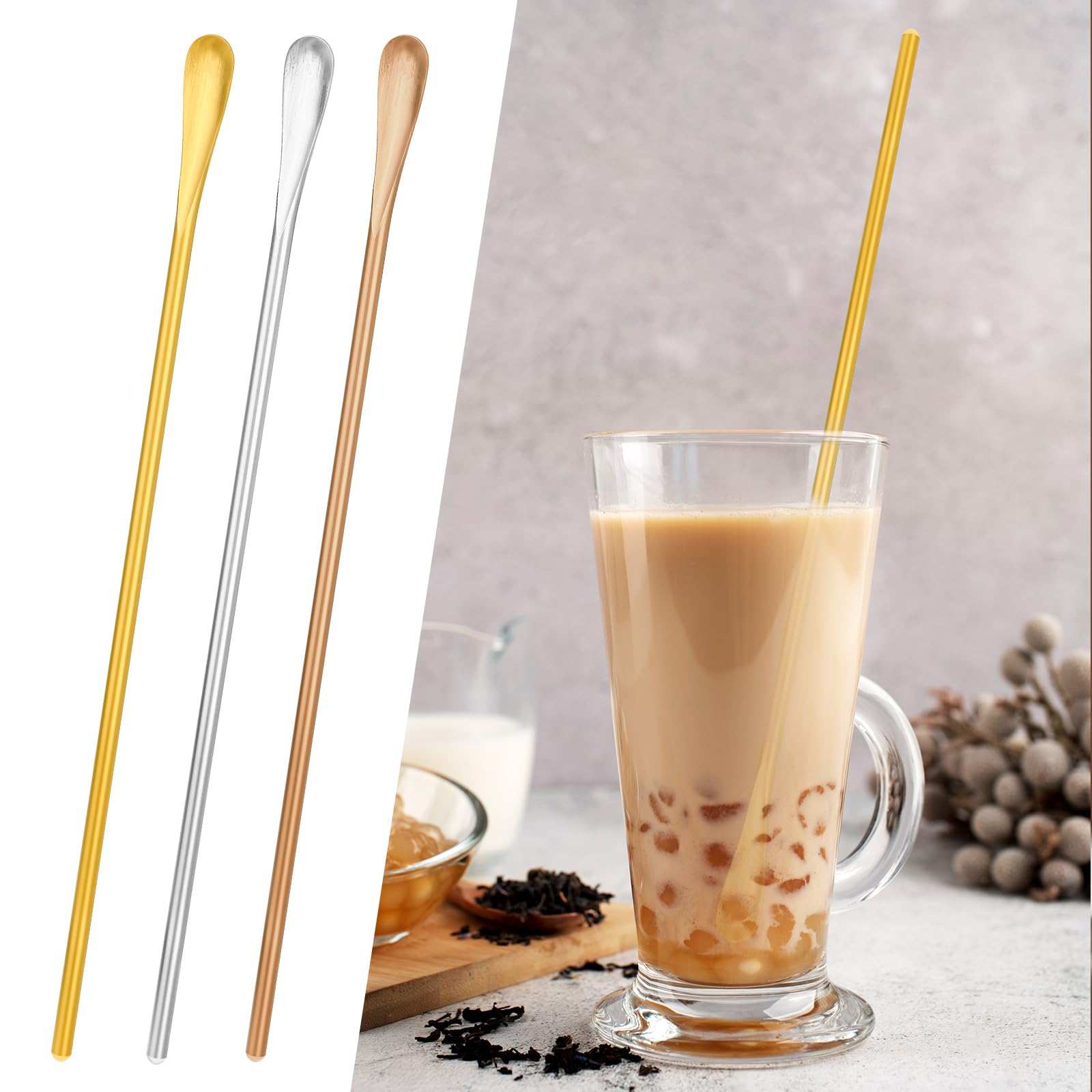 Coffee Stir Sticks, 3 Pcs Coffee Spoons Stainless Steel Mixing Spoon with Long Handle 10 Inches Metal Cocktail Stirring Spoons Tea Spoon Espresso Spoons Accessories Iced Coffee Drinks Stirrer Set