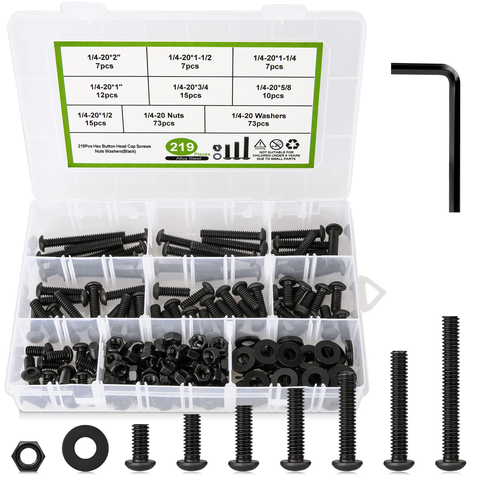K Kwokker 1/4 20 Bolt and Nuts, 7 Sizes are 2", 1-1/2", 1-1/4", 1", 3/4", 5/8", 1/2", Button Head Hex Socket Cap Screws, Black, Full Machine UNC Thread, with Washers for Screws, 219Pcs Totally
