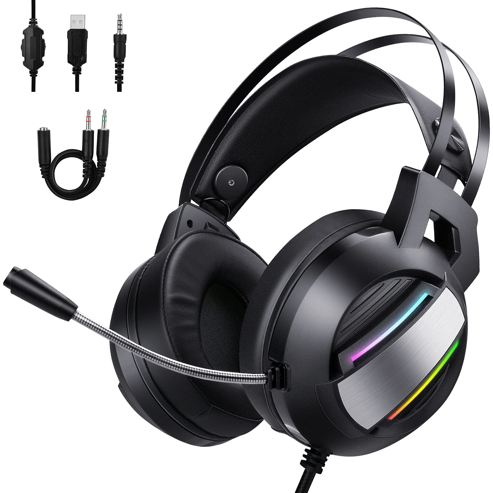 BraveKoi Stereo Gaming Headset, Noise Canceling Gaming Headphones with Microphone and RGB Lights, 3.5mm Wired Gaming Headset for PS5, PS4, Xbox One, PC, Laptop, Nintendo Switch, Tablet