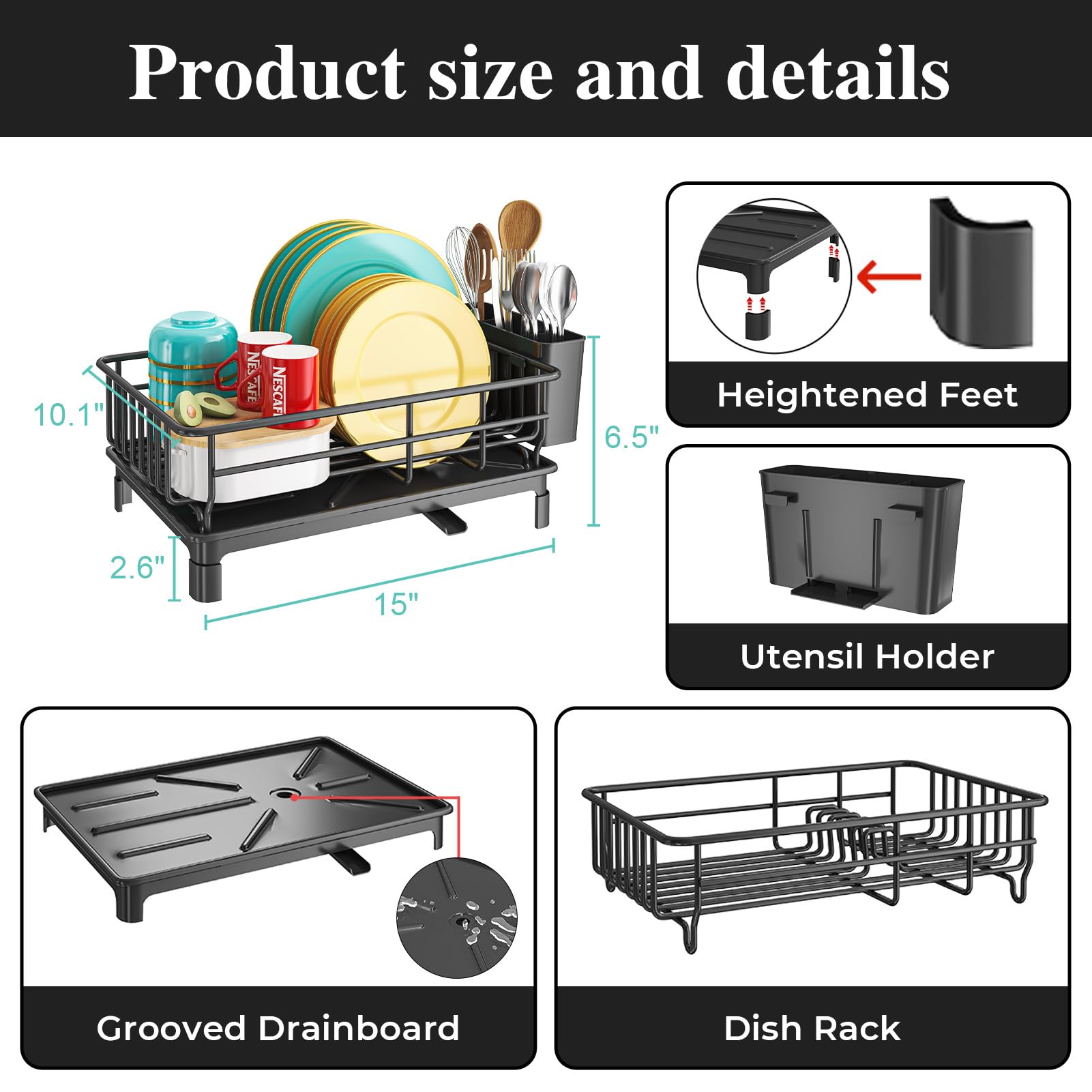 Famhap Small Dish Drying Rack, Dish Rack with Drainboard Dish Drainers for Kitchen Counter Sink Adjustable Spout, in Sink Dish Strainers with Utensil Holder and Knife Slots, White