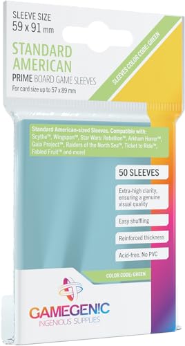 Prime Board Game Sleeves | Pack of 50 Extra-Clear Sleeves | 59 by 91 mm Card Sleeves Optimized for Standard American Card Games | Premium Card Protection | FFG Green Color Code | Made by Gamegenic