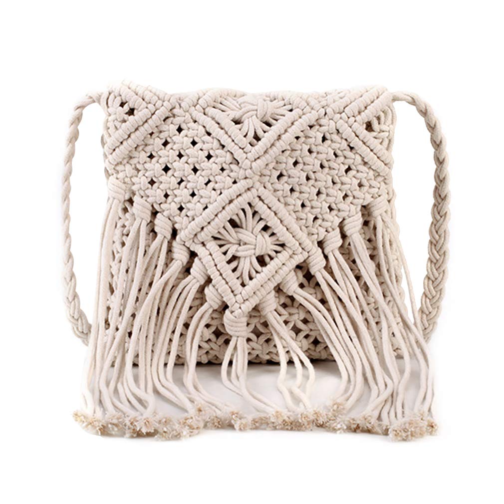 Nice Pies Women's Beach Straw Handbag Woven Tote Fishing Net Beach Bag Large Capacity Mesh Rope Combination Handbag (White)