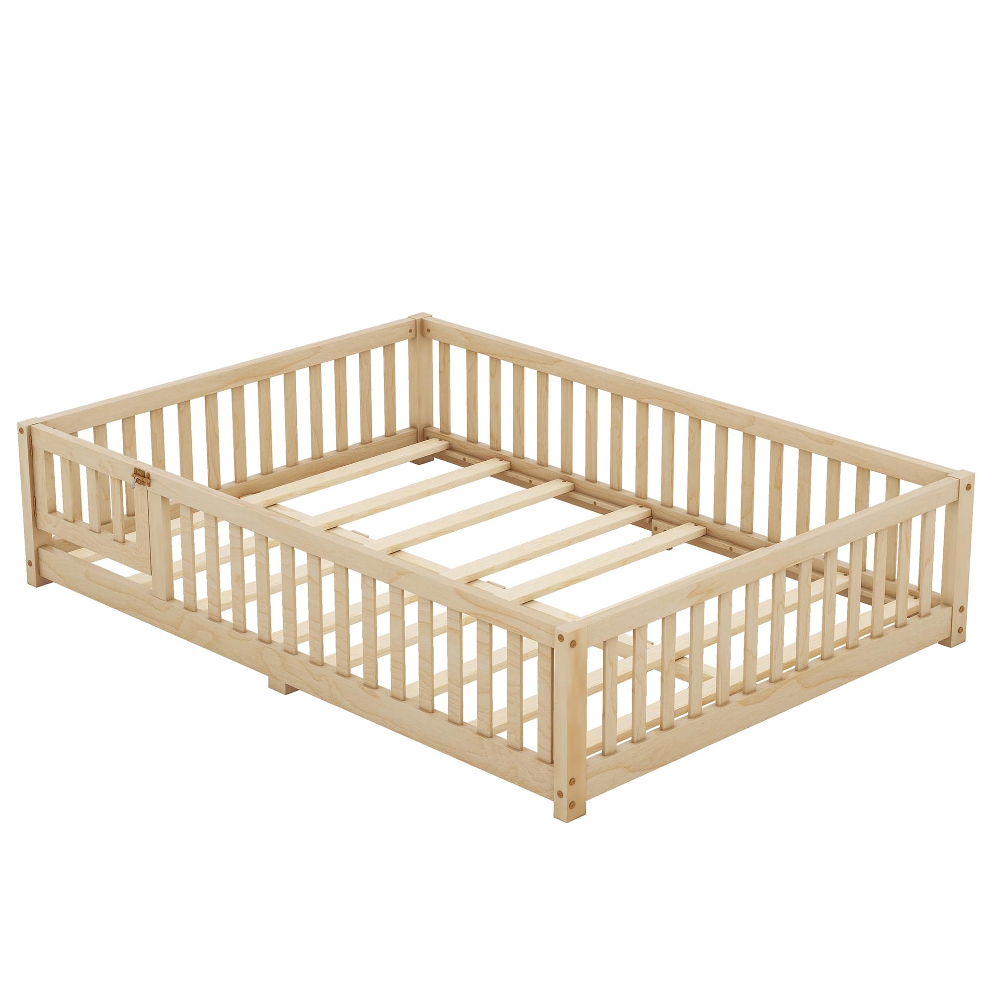 DNYN Full Size Floor Bed for Kids Bedroom,Solid Wood Bedframe w/Door/Safety Guardrails/Wood Slat Support/Easy Assemble/Space Saving Design/No Box Spring Needed, Natural