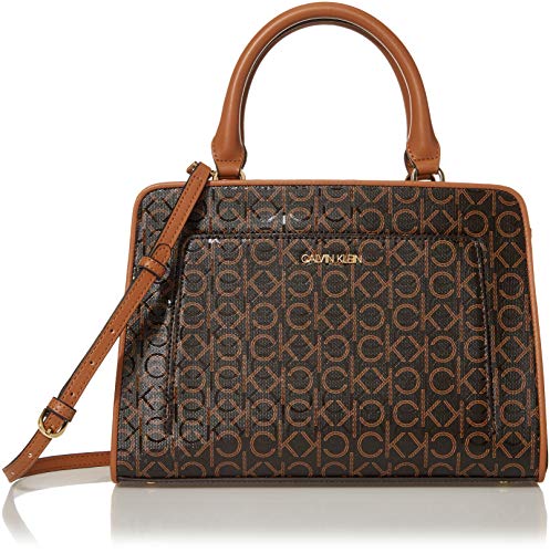 Calvin Klein Margot Textured Logo Satchel, Brown/Khaki/Caramel Embossed