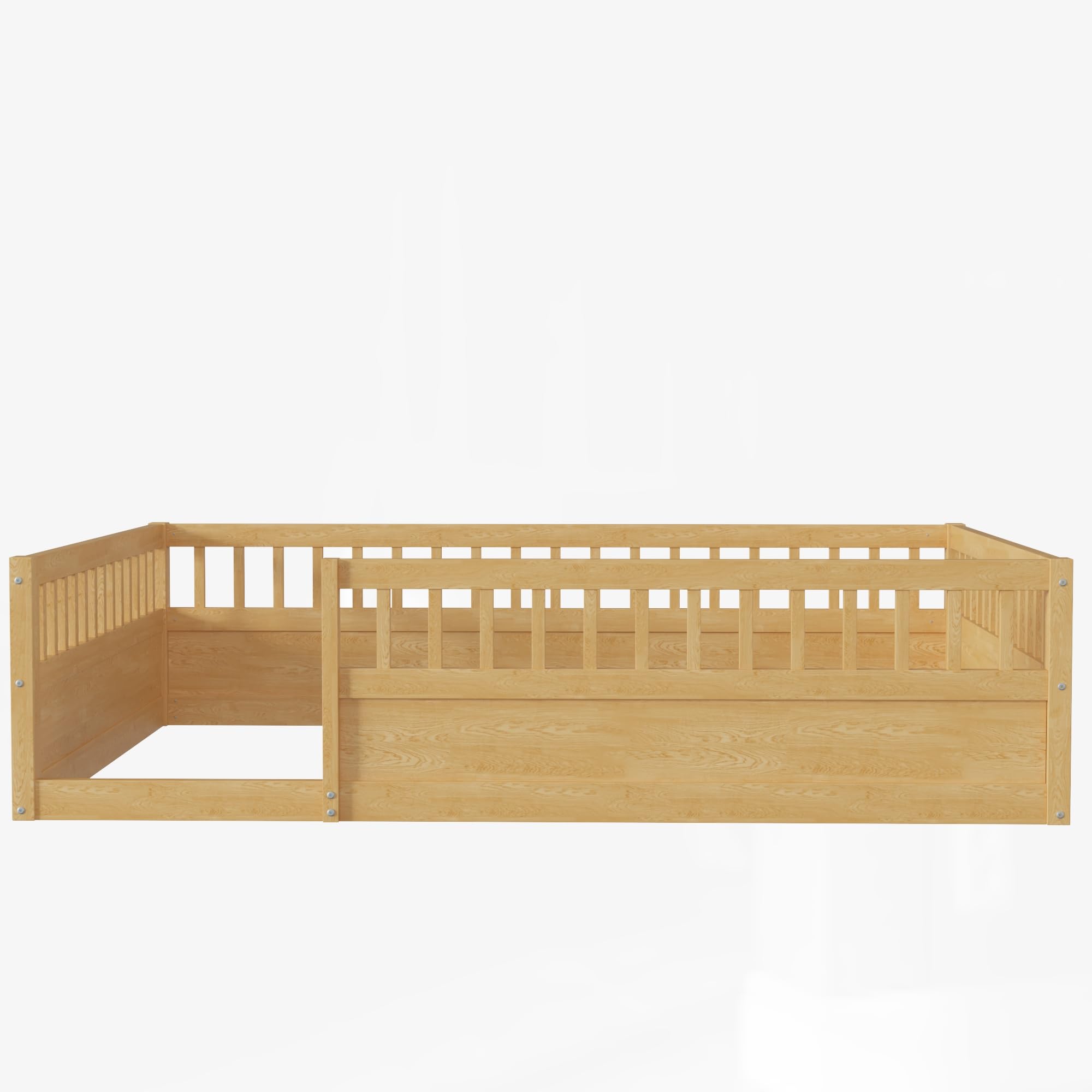 DNYN Full Size Floor Bed for Kids Bedroom,Solid Wood Bedframe w/Fence & Easy Assemble & Space Saving Design & No Box Spring Needed, Natural
