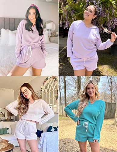 MEROKEETY Women's Long Sleeve Pajama Set Henley Knit Tops and Shorts Sleepwear Loungewear, Beige, L